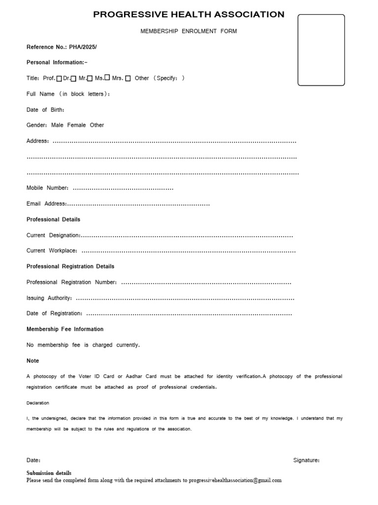 Progressive Health Association Membership Form | PDF