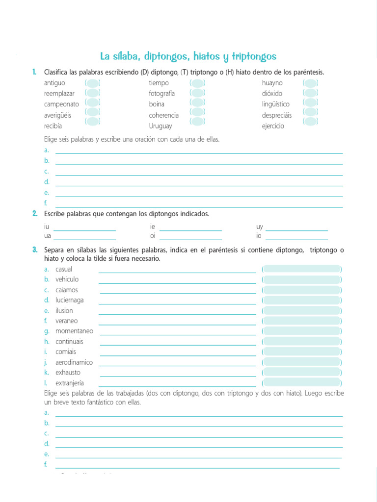 Ficha de Ortografía La Sílaba Diptongos Hiatos y Triptongos 2 | PDF ...
