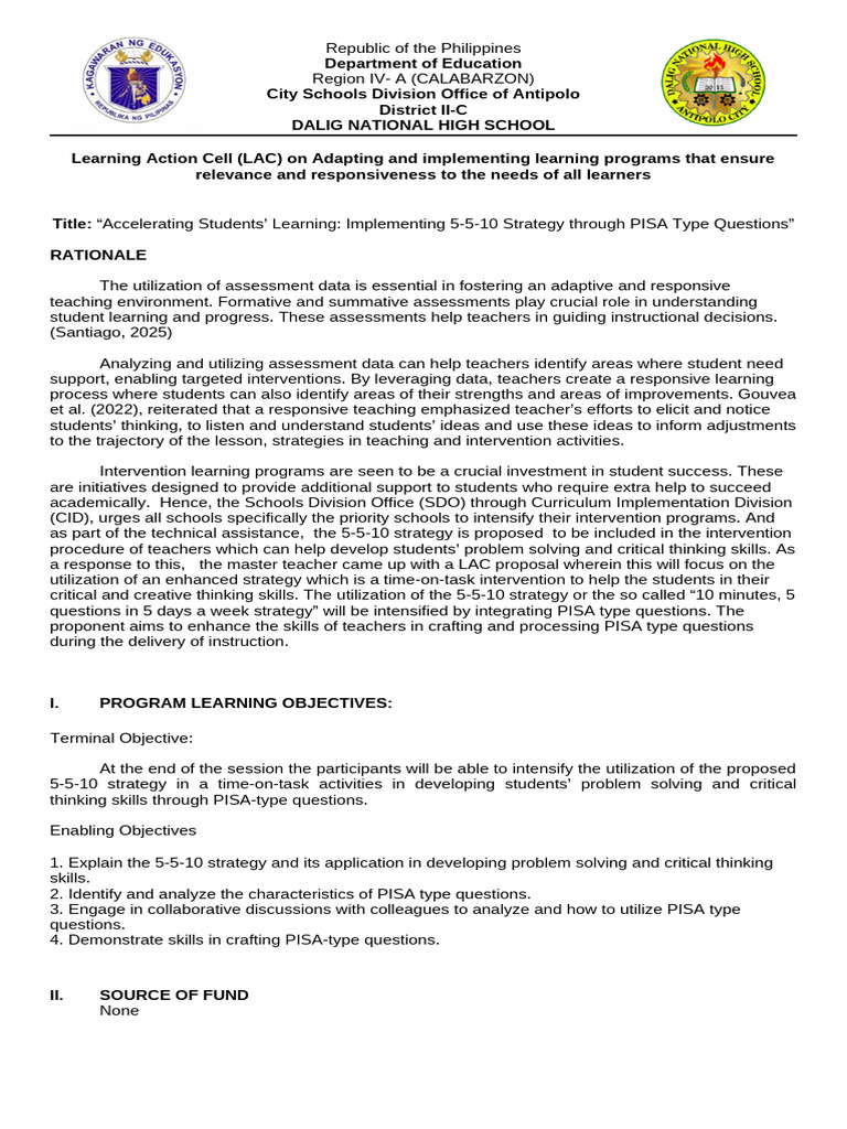 LAC Proposal for Science PISA 5510Strategy | PDF | Educational Assessment | Teachers