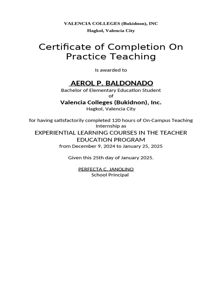 Valencia Colleges Teaching Internship Certificates | PDF | Teachers ...