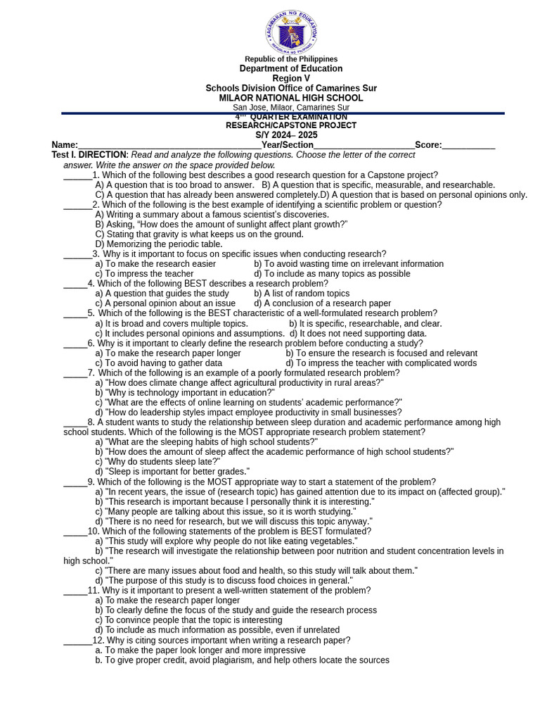 4th Quarter Capstone Research Examination | PDF | Survey Methodology ...