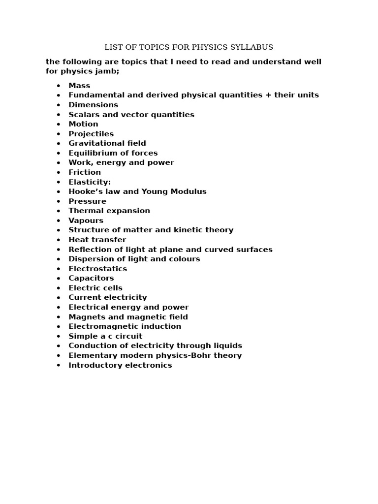 JAMB 2025 Physics Syllabus Topics List | PDF