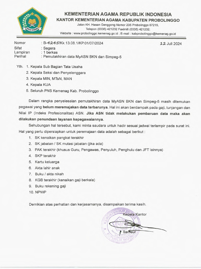 Surat Edaran Penyelesaian Pemutakhiran Data BKN Dan Simpeg-5 Dan Lampiran | PDF