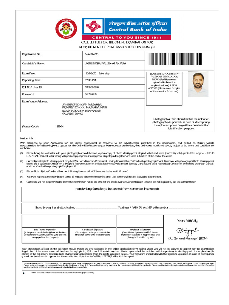 Call Letter for JMGS-I Exam | PDF | Identity Document | Driver's License