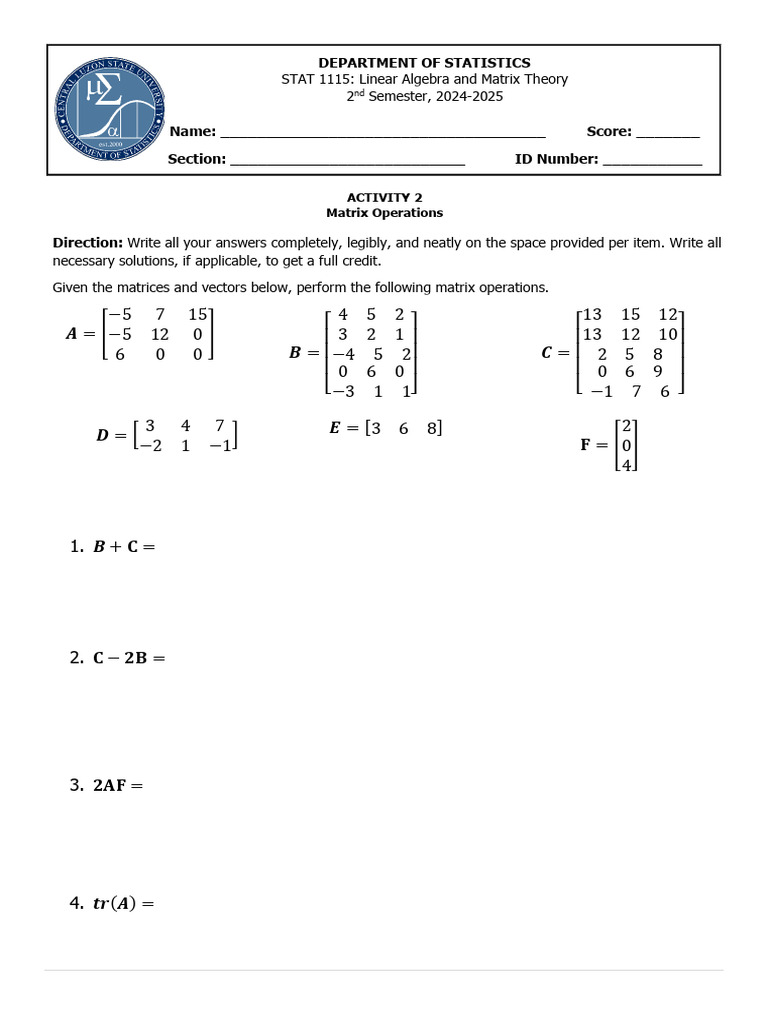 Matrix Operations Activity Guide | PDF
