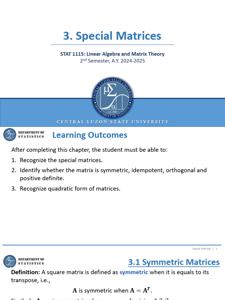 STAT1115 Module 3. Special Matrices - 242502 | PDF | Matrix (Mathematics) | Matrix Theory