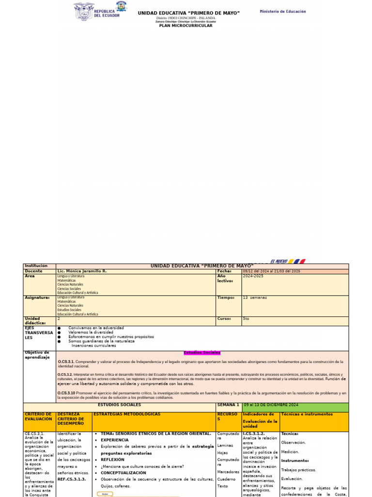 Plan Microcurricular 2do T 5to 2024-2025 1 | PDF | Gramática | Aprendizaje