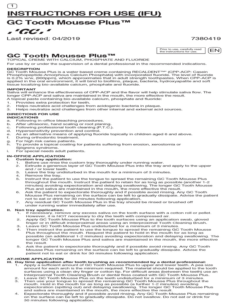 GC Tooth Mousse Plus Instructions | PDF | Tooth | Mouth