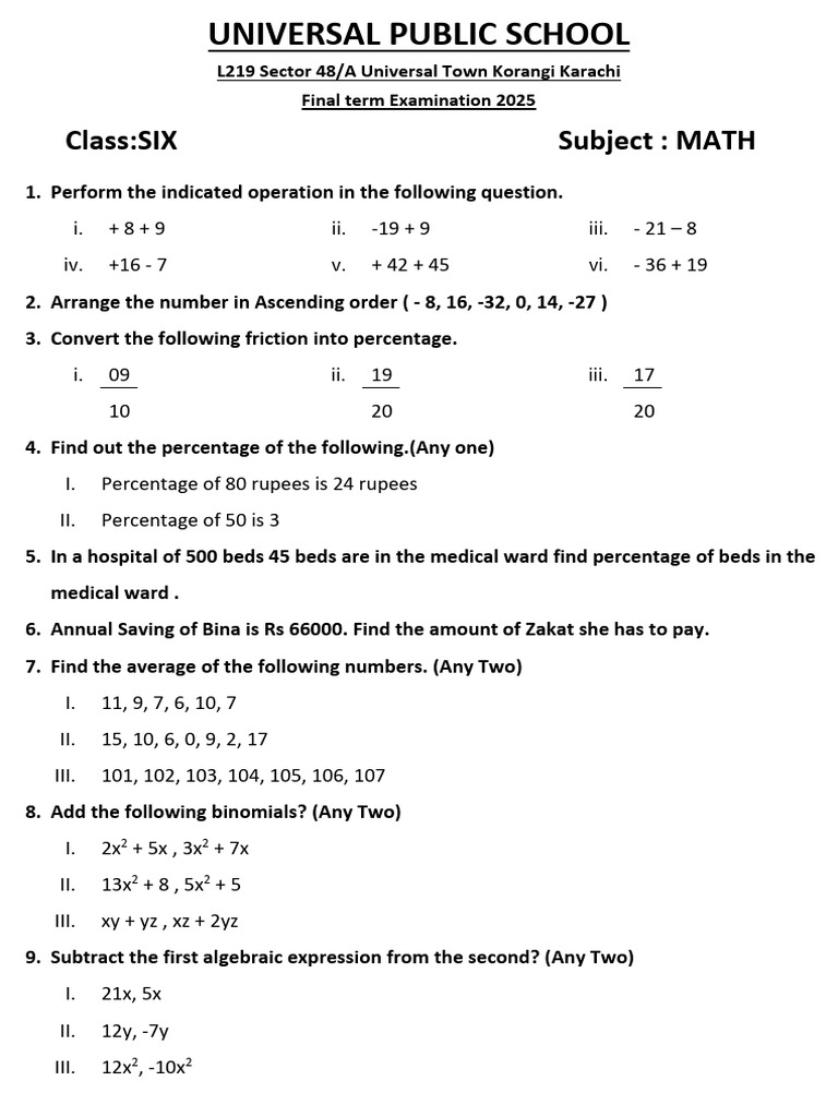 Class Six Math Paper | PDF