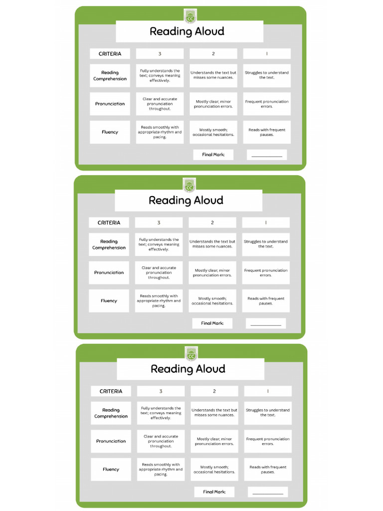 Reading Aloud Rubric | PDF