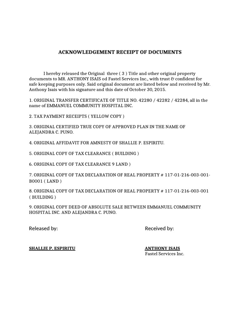 ACKNOWLEDGEMENT RECEIPT Mmda | PDF