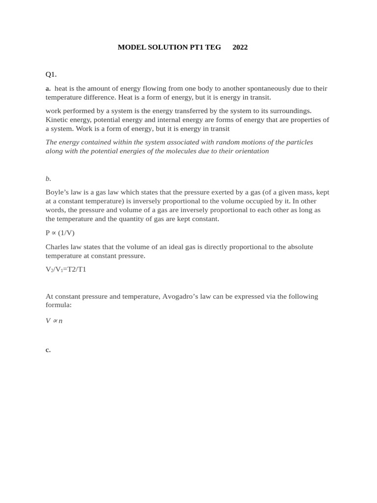 Model Solution PT1 Teg 2022 | PDF | Gases | Temperature