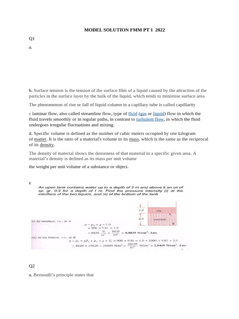 Fluid Mechanics Model Solutions 2022 | PDF