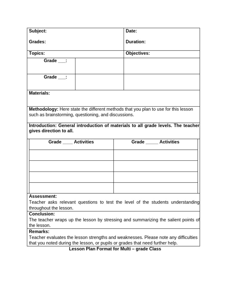 Lesson Plan Format For Multi-Grade | PDF