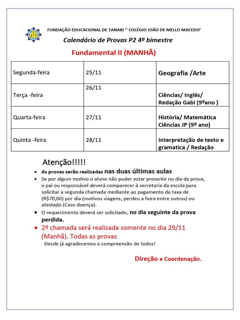 Calendário de Provas P2 Fundamental Ii 24º Bimestre 2024 | PDF