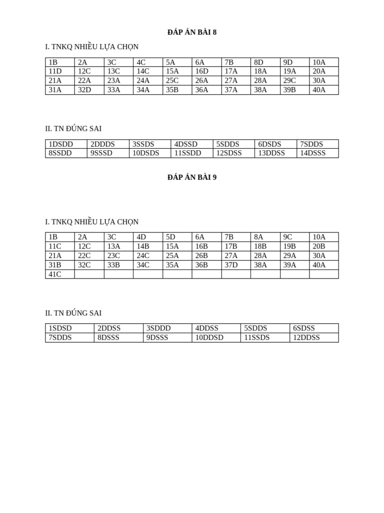 Đáp Án Bài 8,9 | PDF