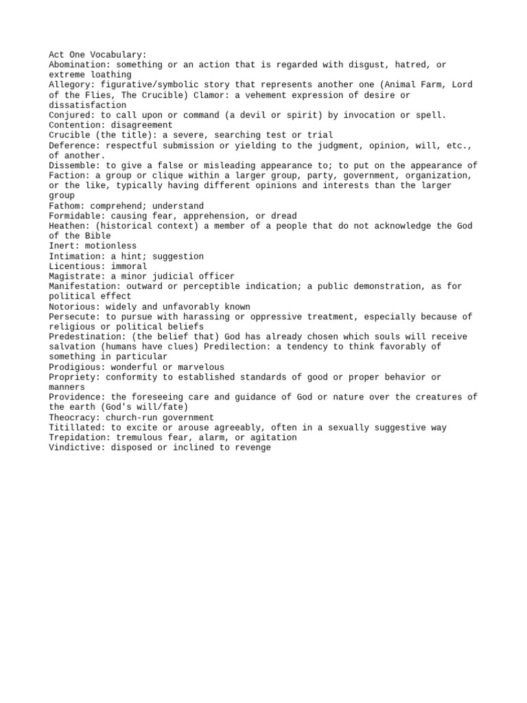 Vocabulary for The Crucible Act 1 | PDF