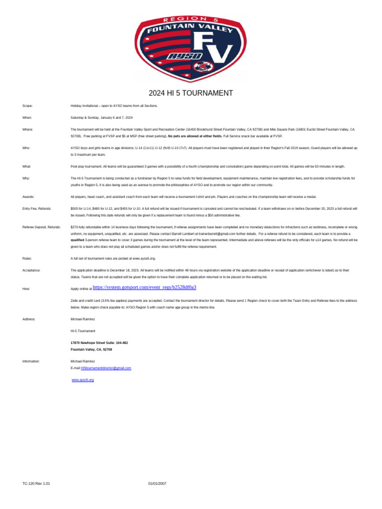 2024 HI-5 AYSO Tournament Details | PDF | Payments