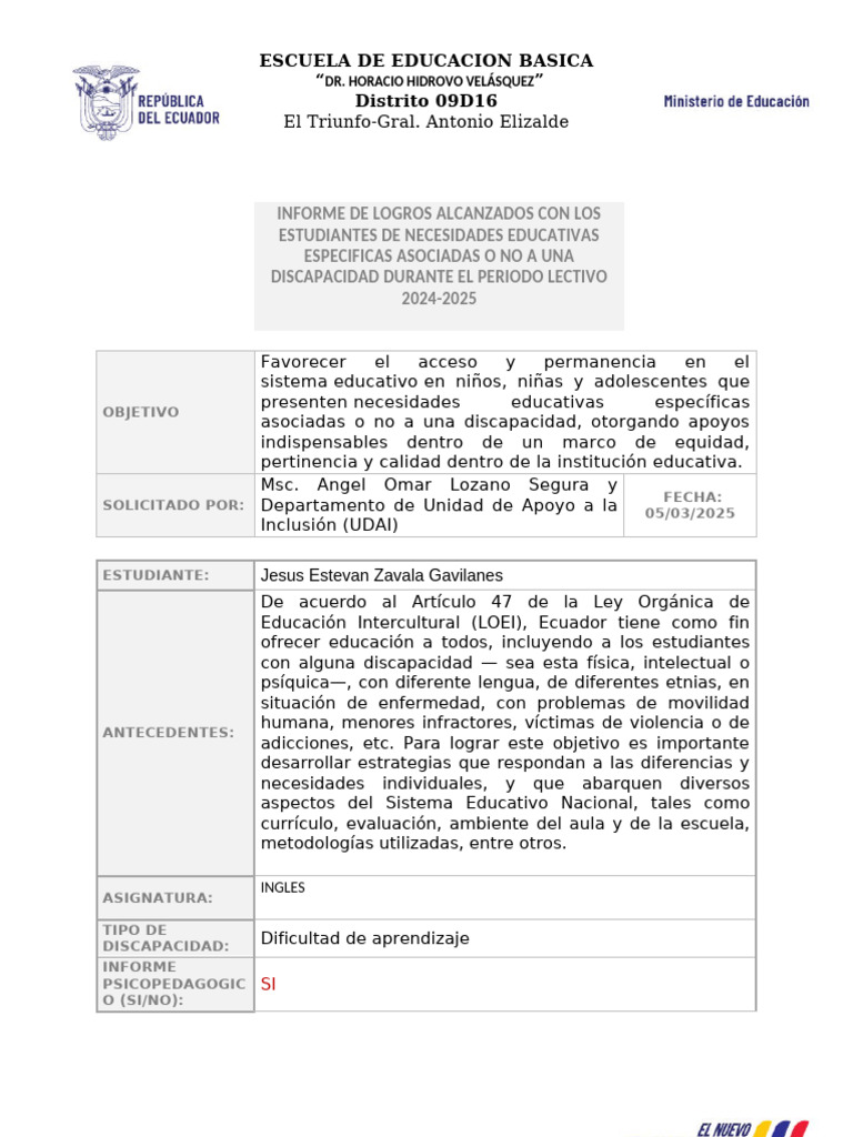 Informe de Logros y Avances Pedagogicos de Los Estudiantes Con Nee ...