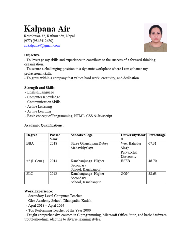 Kalpana Air's CV | PDF