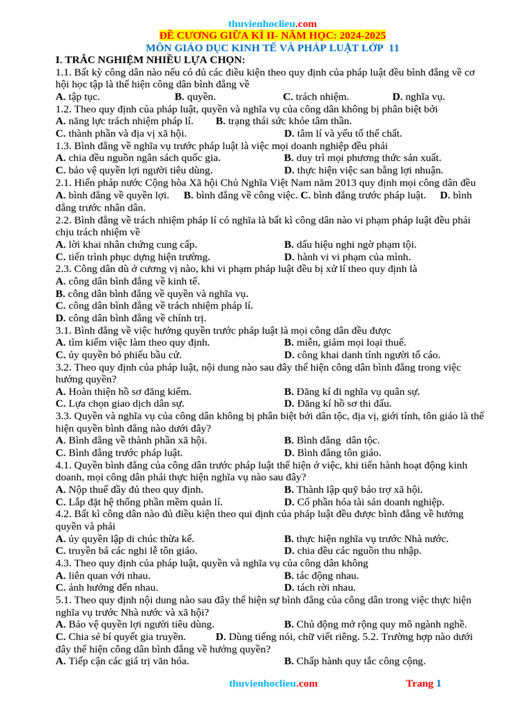 De Cuong On Tap Giua HK2 Kinh Te Phap Luat 11 KNTT CTM 24 25 | PDF