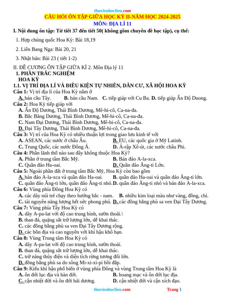 Cau On Tap Giua Ky 2 Dia 11 KNTT 24 25 | PDF