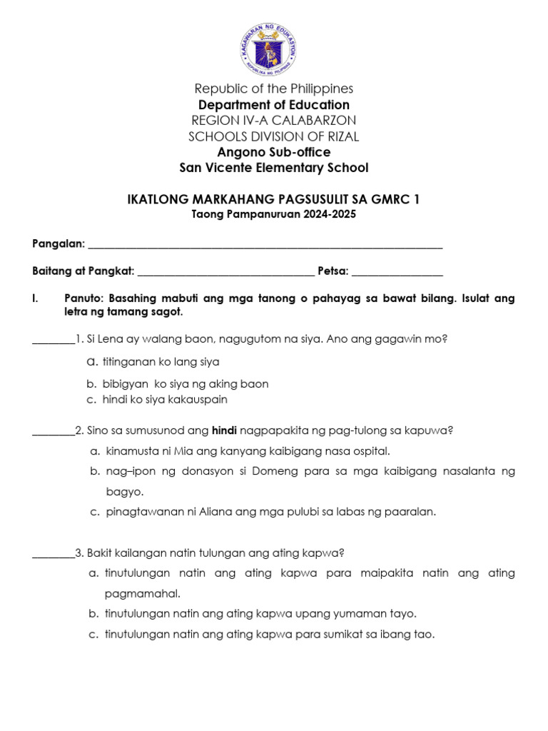 Ikatlong Markang Pagsusulit Sa GMRC 1 | PDF