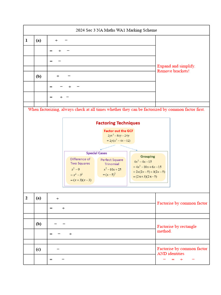 Bvss 2024 Wa1 3na Math Solution | PDF | Factorization | Algebra