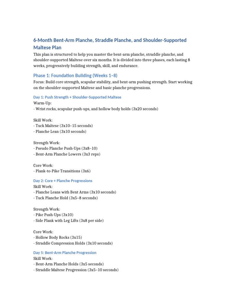 6 Month Bent Arm Straddle Planche Plan | PDF | Management Of Obesity ...