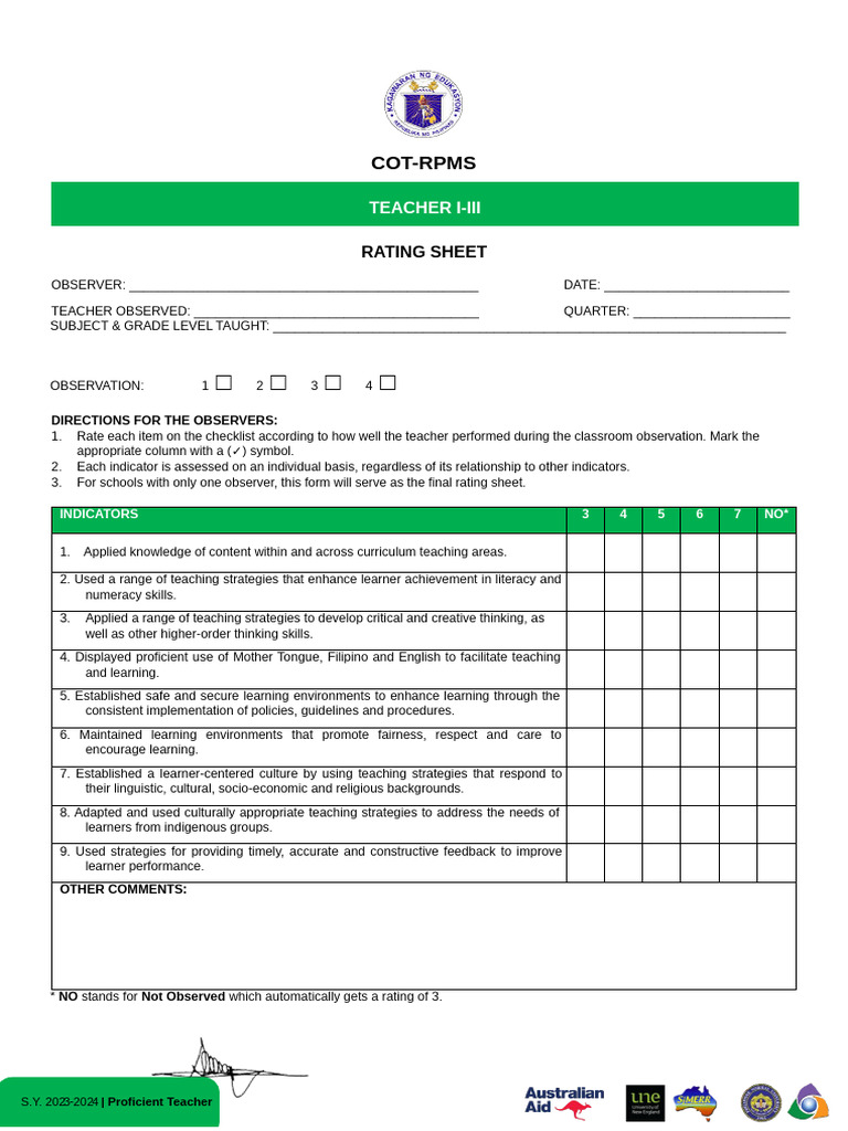 COT 2025 Teacher Rating Sheet | PDF | Teachers | Learning