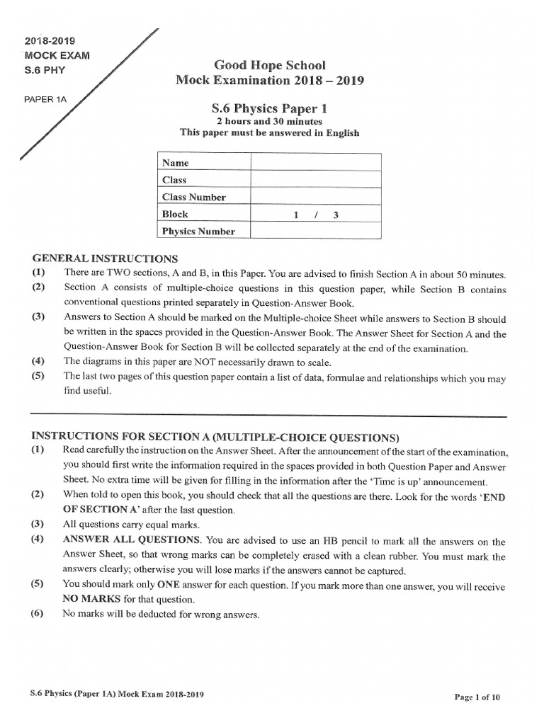 Physics F.6 Mock Paper | PDF