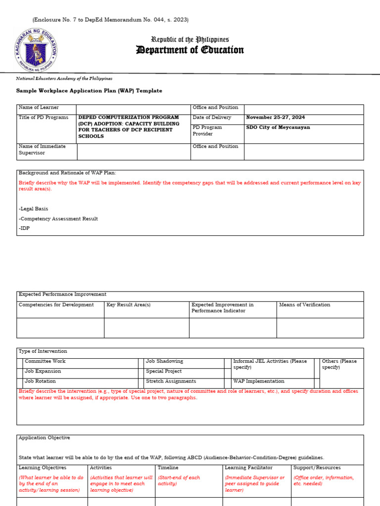 Enclosure No. 7 Sample Workplace Application Plan (WAP) Template | PDF ...