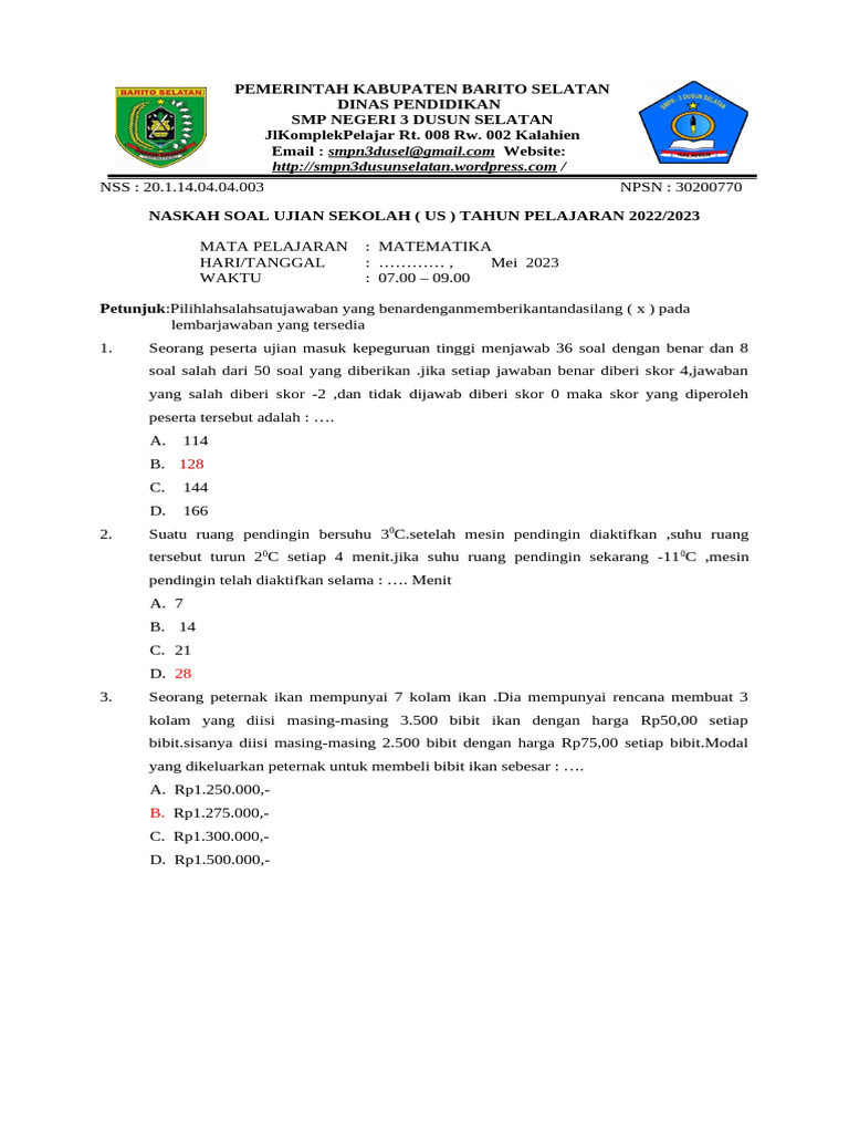SOAL MTK KLS 9 2024 | PDF