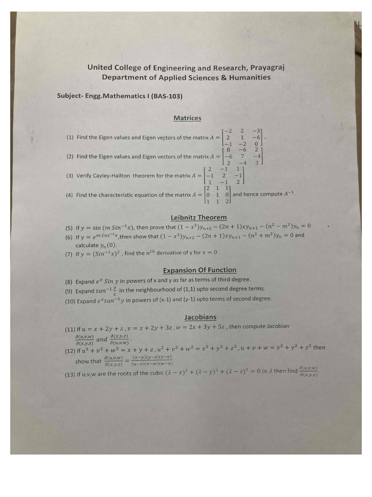 Maths 1 Imp Ques | PDF