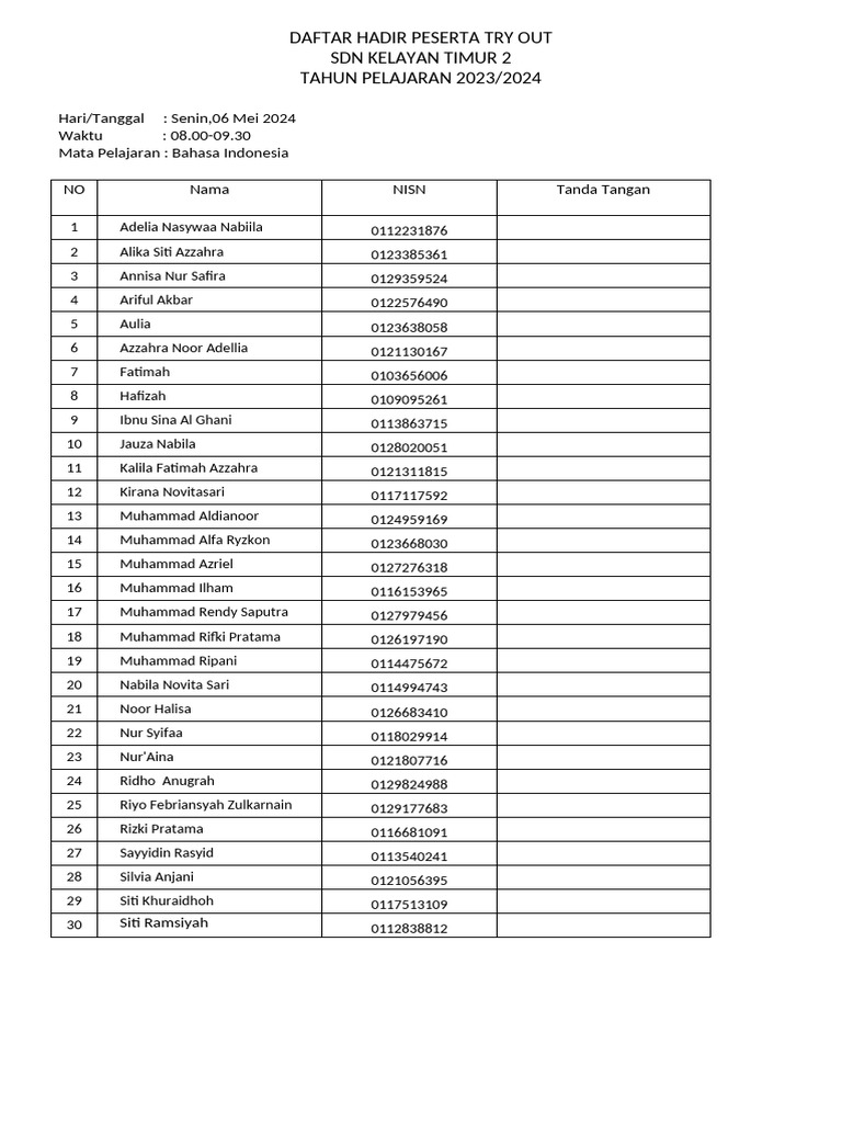 Daftar Hadir Peserta Try Out | PDF