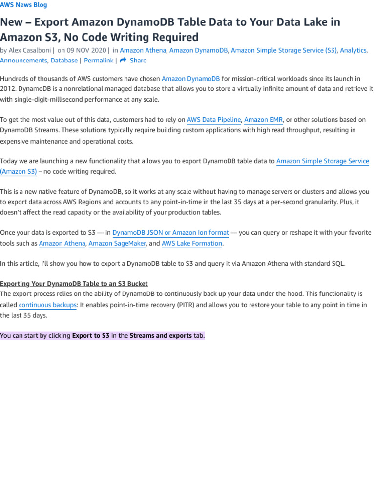 New - Export Amazon DynamoDB Table Data To Your Data Lake in Amazon S3, No Code Writing Required ...