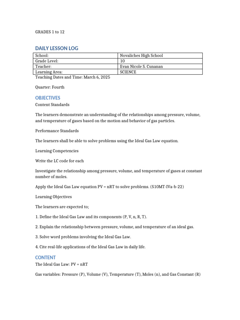 Ideal Gas Law Lesson Plan Formatted | PDF | Gases | Mole (Unit)