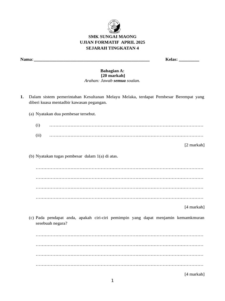 Ujian Formatif Sej T4 April 2025 | PDF