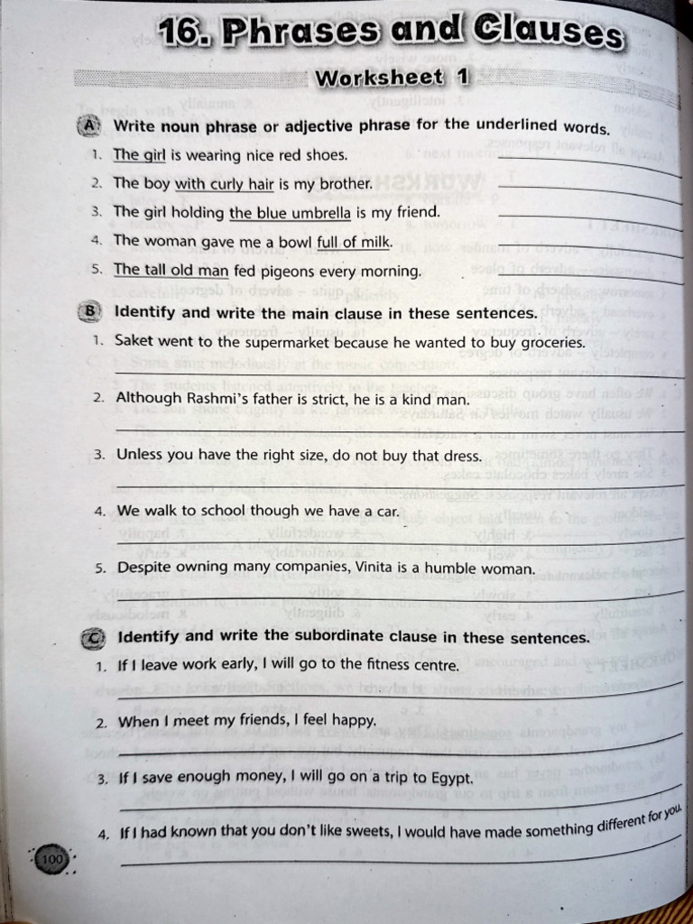 7th - Phrases Clauses - Worksheet | PDF | Phrase | Syntax