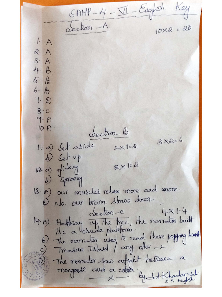 6th Calss English FA 4 Key Paper | PDF