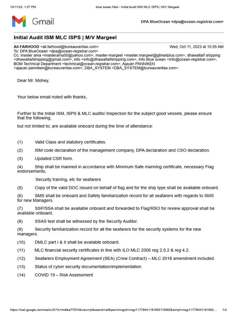 14 - Initial Audit ISM MLC ISPS Checklist | PDF