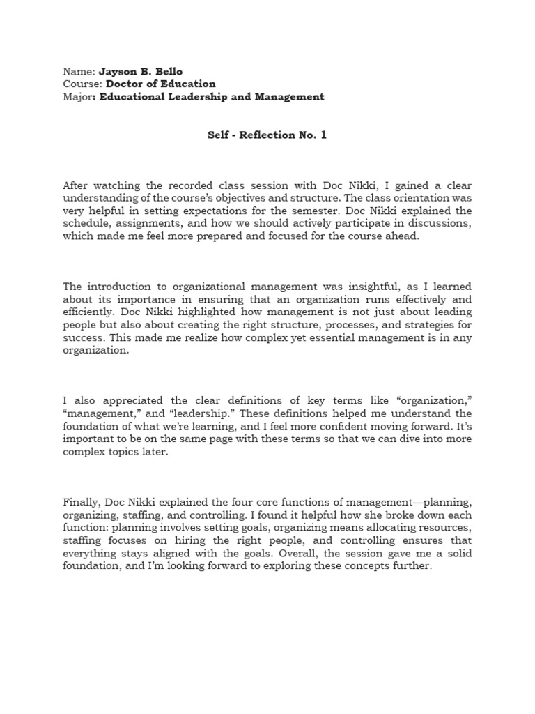 Self Reflection No. 1 | PDF