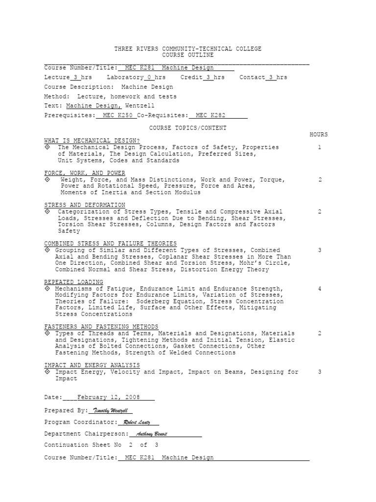 Mec 281 Machine Design Wentzell | PDF | Bearing (Mechanical) | Gear