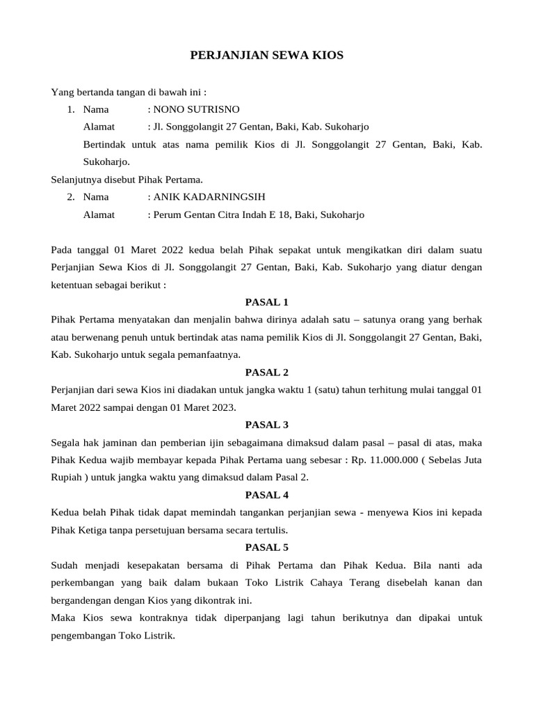 Perjanjian Sewa Kios | PDF