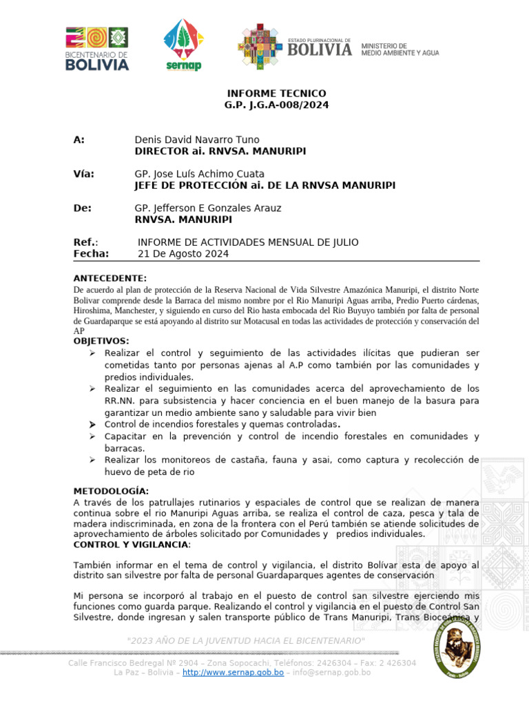 Informe Tecnico Agosto Jeffer | PDF | Zoología | Entorno natural