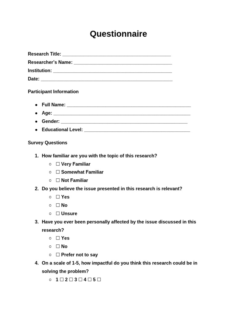 Questionnaire Form For Research Paper | PDF