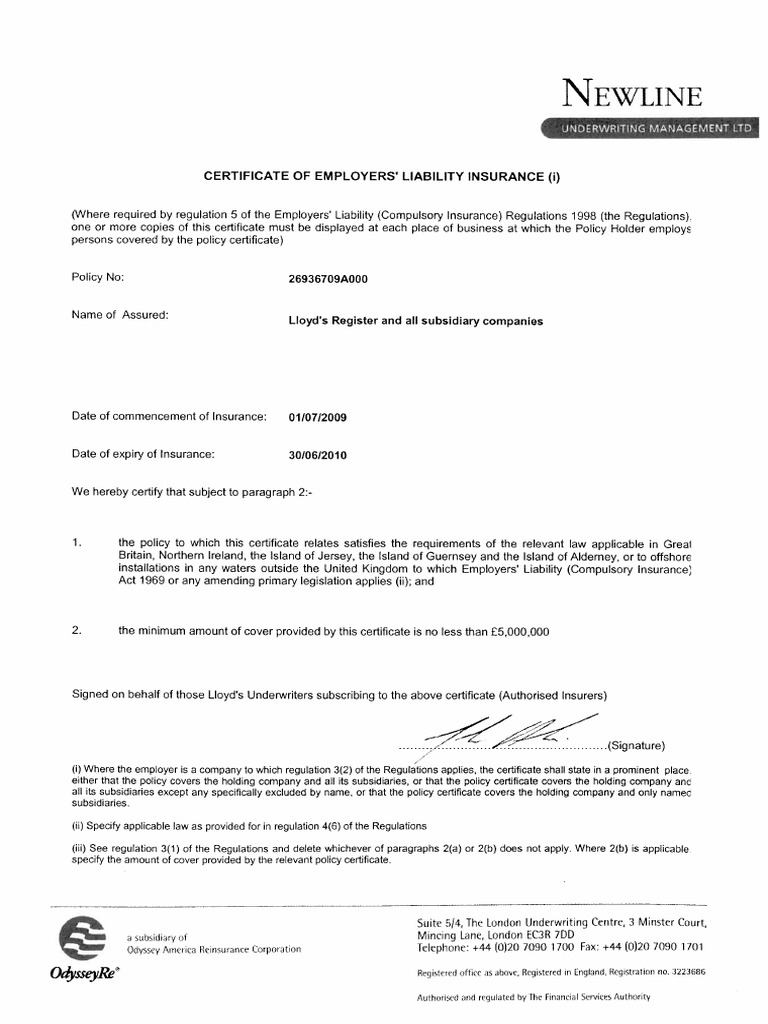 Lloyd's Register Employers Liability Certificate | PDF