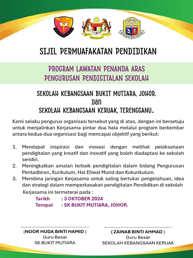 Sijil Permuafakatan Pendidikan: Program Lawatan Penanda Aras Pengurusan Pendigitalan Sekolah | PDF
