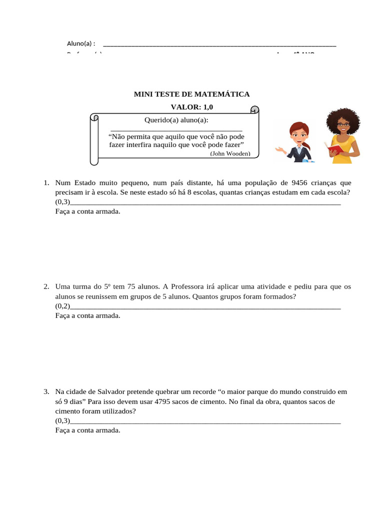 Mini Teste de Matemática para 4º Ano | PDF