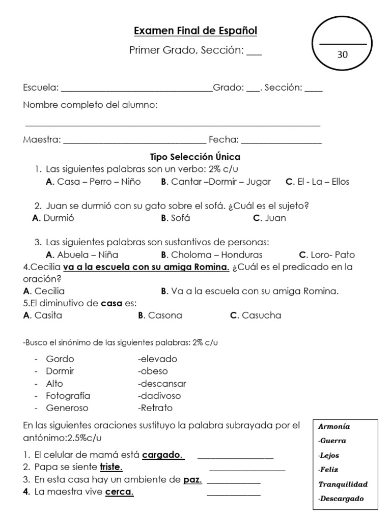 Examen Final de Español, 1ro | PDF